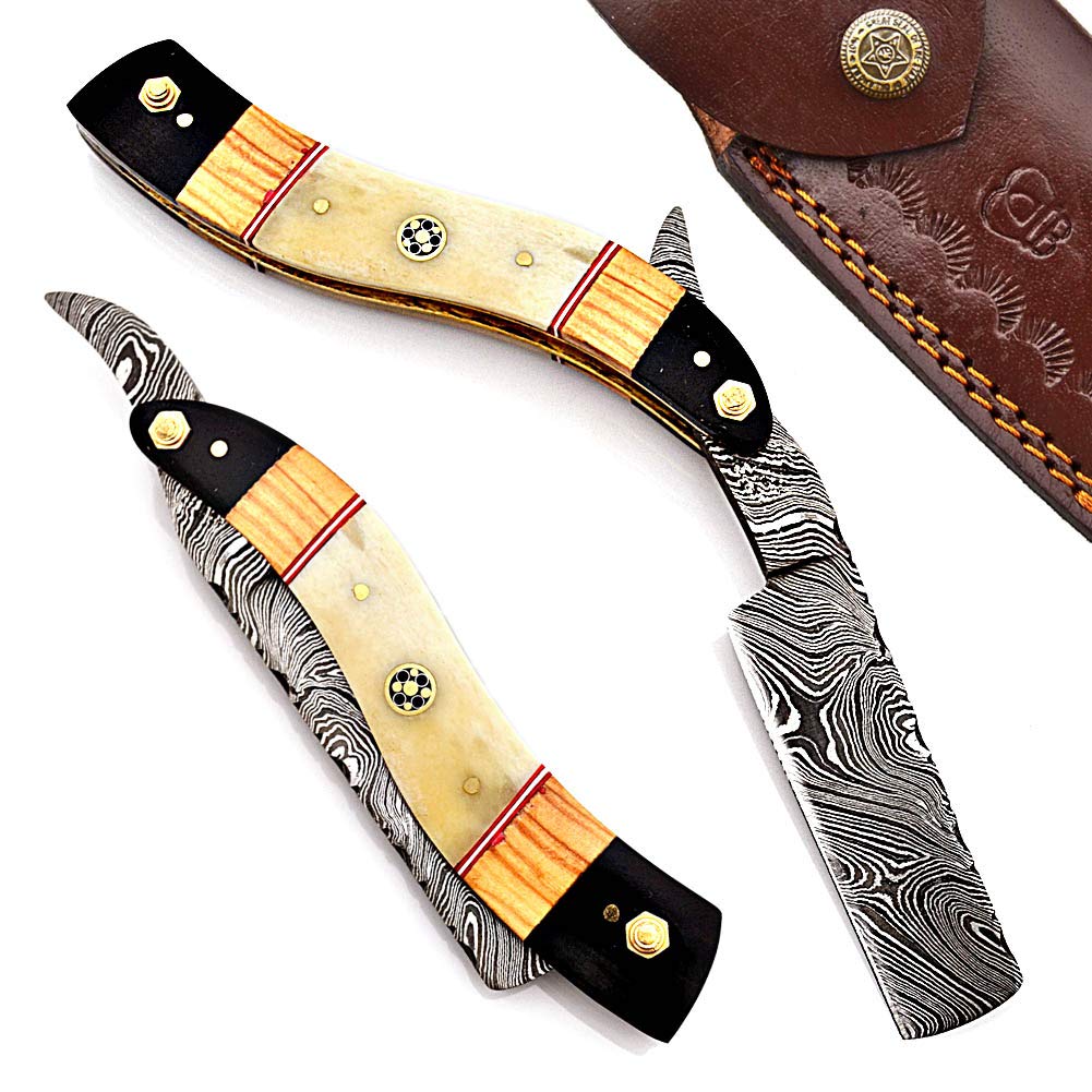 Hand Made Damascus Steel Straight Razor Folding Razor With Shaving Ready Classic Barber Blade Edge, Men Straight Razor, Leather Case + Strop, Close Shave, Great Gift R-50