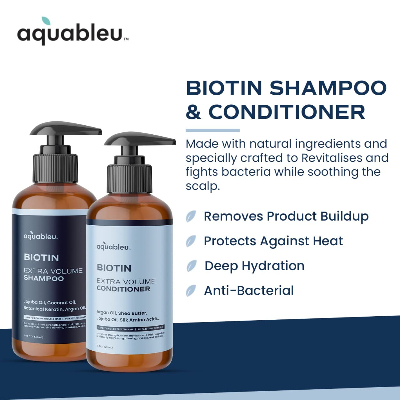 Aquableu Biotin Volumizing Shampoo & Conditioner Set β Natural Thickening & Volume For Thicker Fuller Hair - Promotes Healthy Hair Growth - Includes Coconut, Keratin, Argan & Jojoba Oil β Sulfate Free