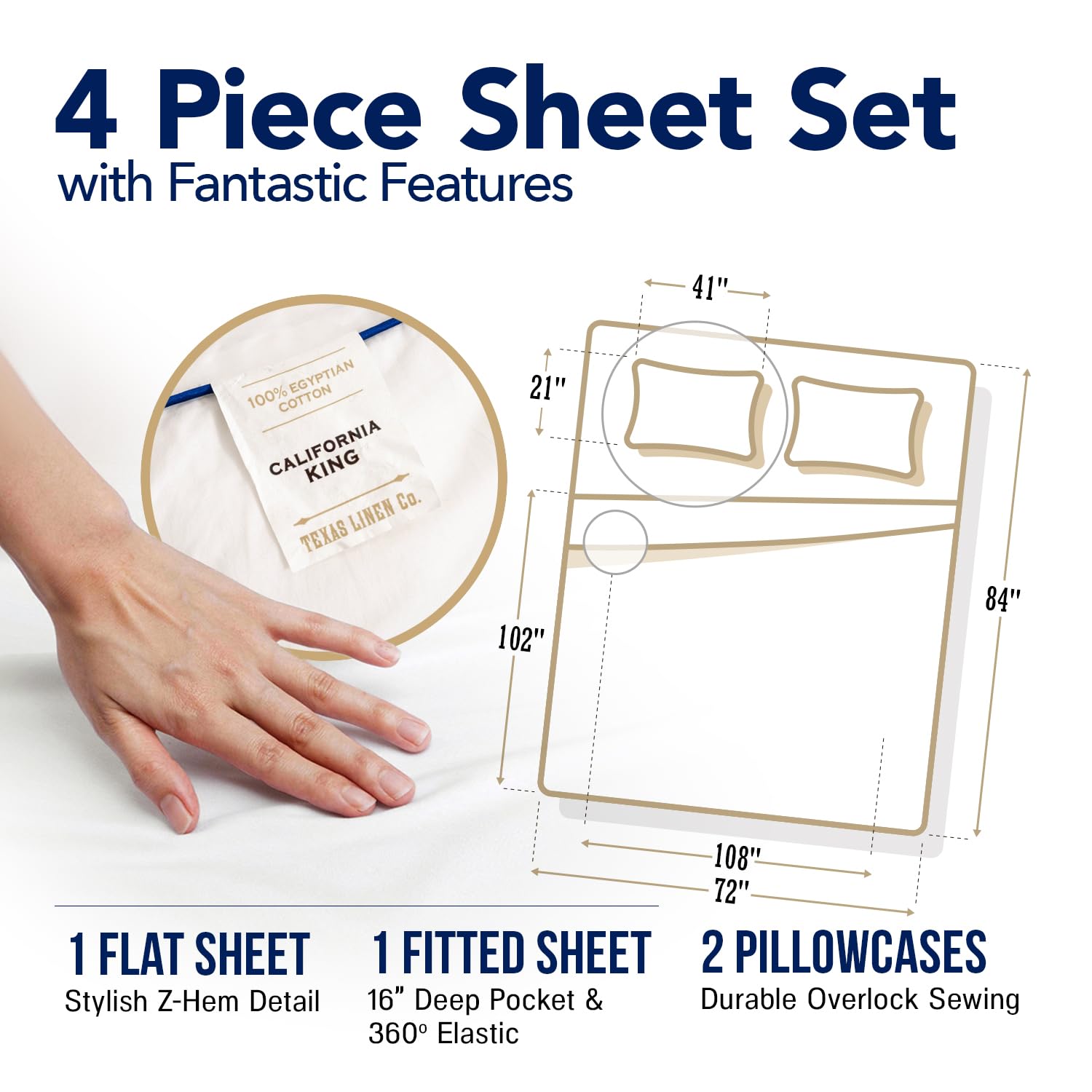 1000-Thread-Count 100% Pure Cotton Bed Sheets - 4 Pc Cal King Size Light Blue Sheet Set, Single Ply Long Staple Combed Cotton Yarns, Best Luxury Sateen Weave, Fits Mattress Upto 16'' Deep Pocket