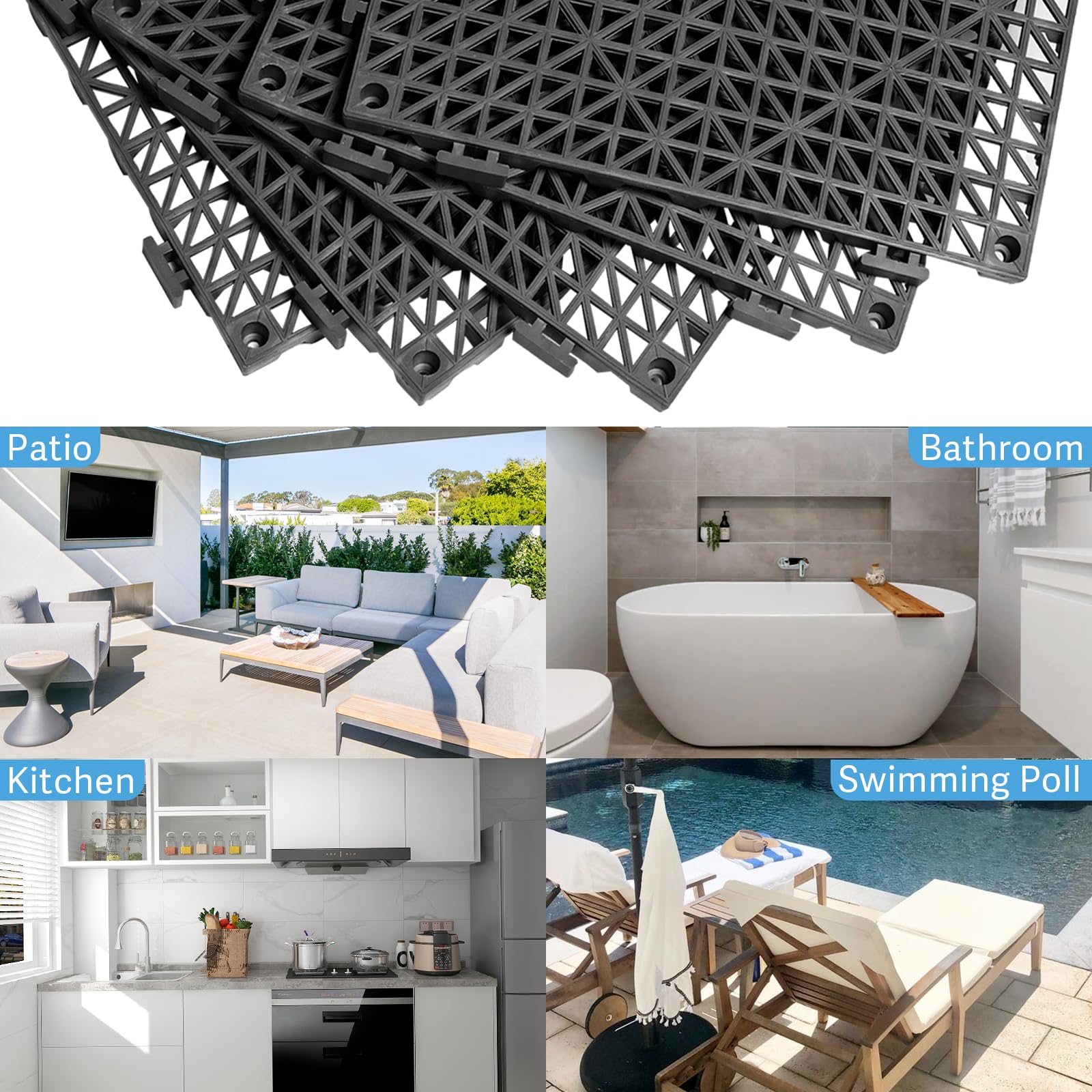 10Pack Modular Rubber Floor Tiles, 12” x 12” Non-Slip Rubber Drain Mats for Pool Hot Tub Flooring, Splicing Commercial Drainage Mat for Deck Swiming Pool Balcony Kitchen Shower Indoor