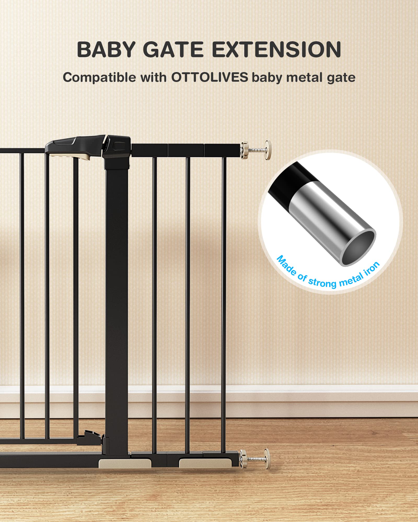 OTTOLIVES Metal Baby Gate Pet Gate 2.7 Inches Gate Extensions for Stairs & Doorways Baby Gate with a Anti-Collision Slot (Black)