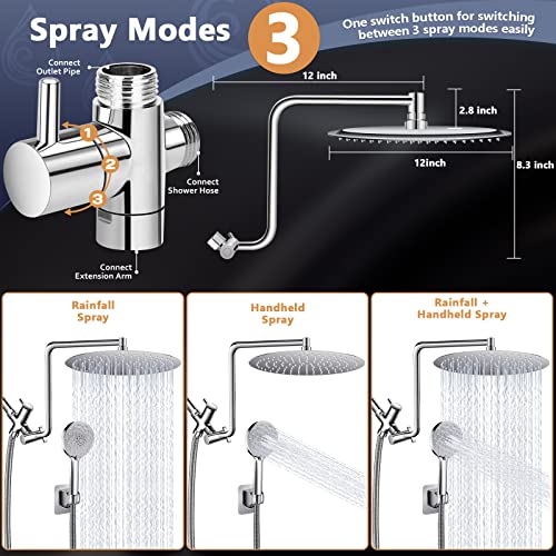 12" Rainfall Shower Head with Handheld Combo, High Pressure Shower Heads with Upgraded 12" Adjustable Curved Shower Extension Arm, 6 Settings Handheld Shower Head Built-in Power Wash Anti-leak(Chrome)