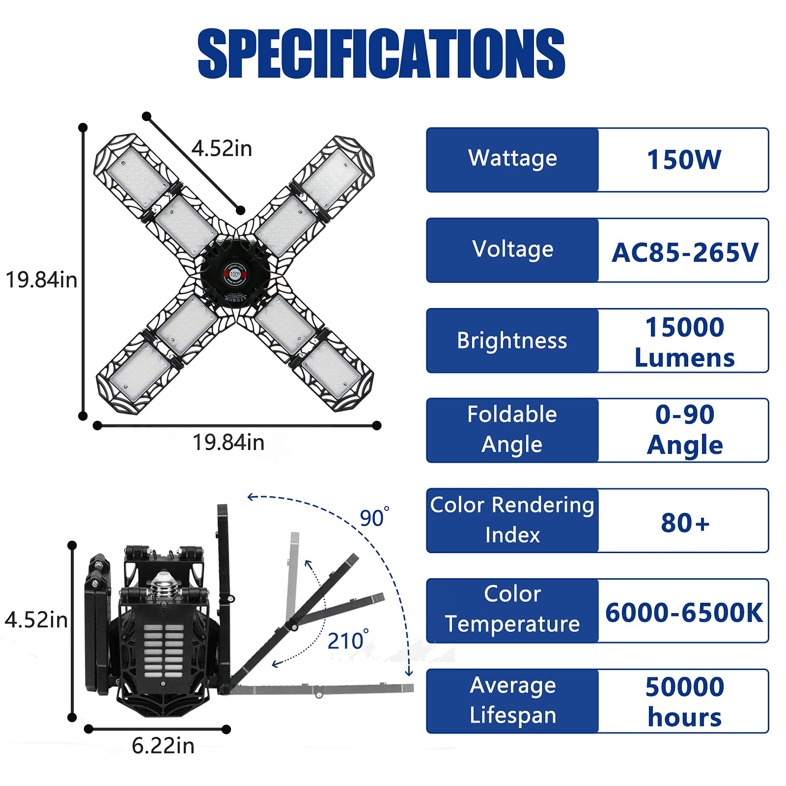 Garage Led Lights 2 Pack, 100W Super Bright LED Garage Lighting, 15000LM, 6500K LED Garage Ceiling Lights with E26/E27 Base, Easy Installation, 8-Leaf Deformable Lights for Garage, Workshop, Warehouse
