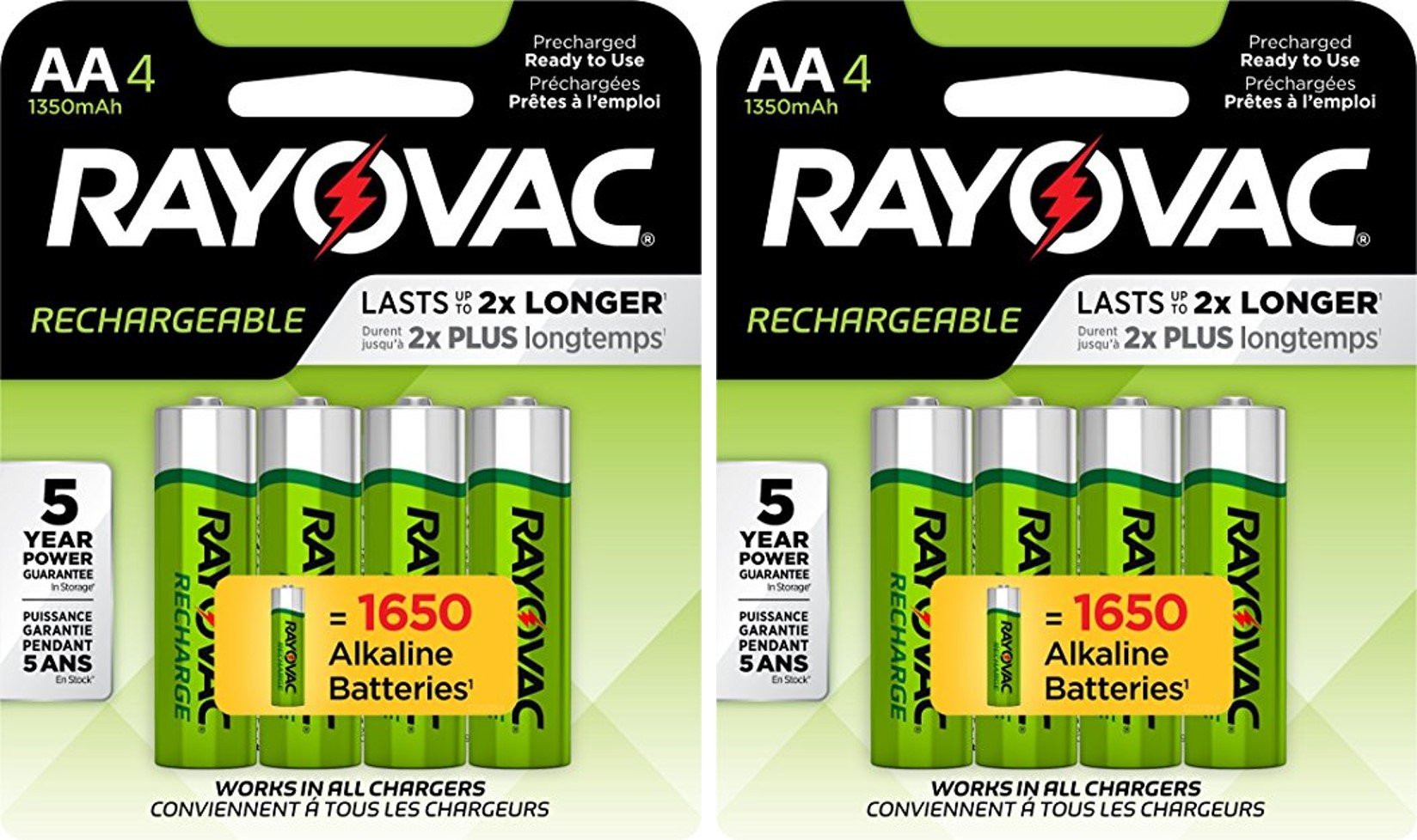 8 Rayovac AA Recharge Rechargeable 1350mAh NiMH Pre-Charged Batteries, (2 x 4 Packs) + Holders