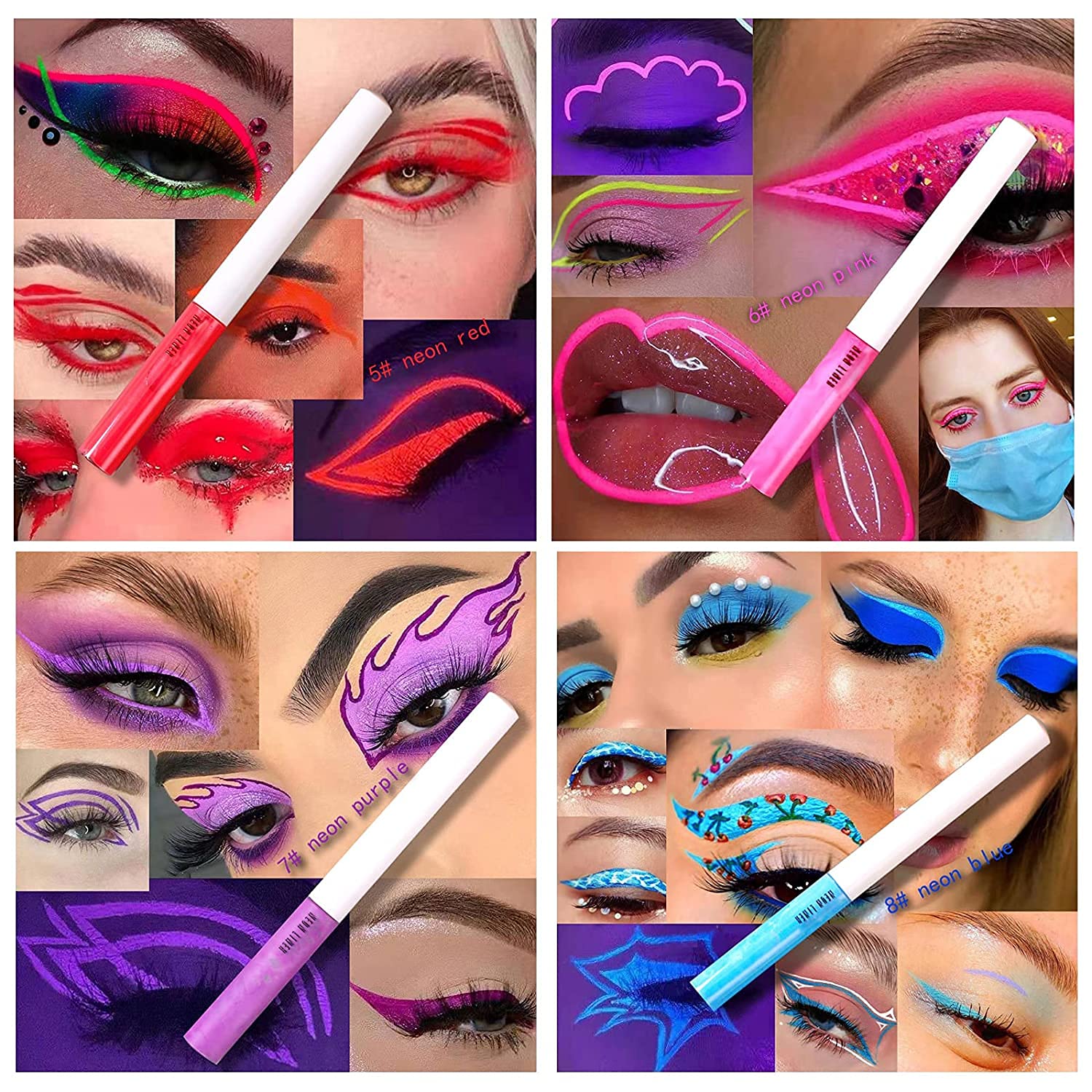 MAEPEOR Neon Liquid Eyeliner 8 Colors Matte Eyeliner Waterproof & Smudgeproof Fluorescent Body Face Paint Makeup for Daily Wear and Halloween Christmas (Neon, Set 0801)