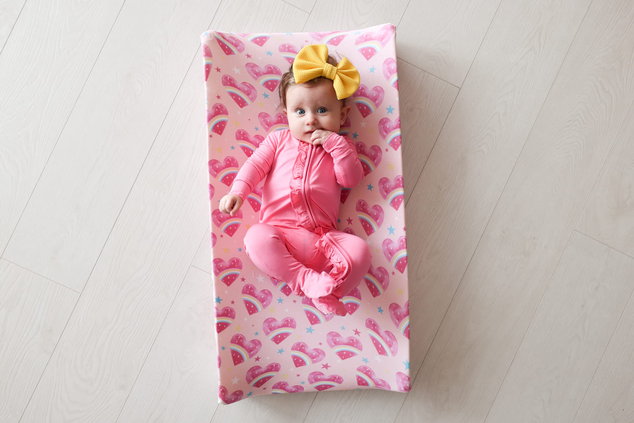 Posh Peanut Baby Changing Pad Cover Stretchy Viscose from Bamboo Viscose, for Standard 16" by 32" - Rainbow Hearts