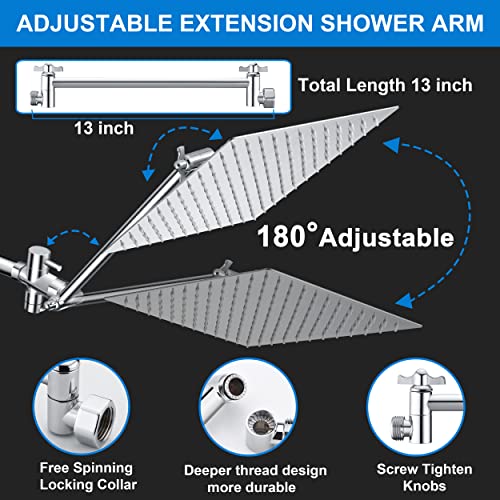 12"High Pressure Rainfall Shower Head with Handheld Spray Combo, Square Waterfall Shower Heads, 5Settings Chrome Showerhead Spray with Holder, 13"Adjustable Extension Arm, 59"Stainless Steel Hose