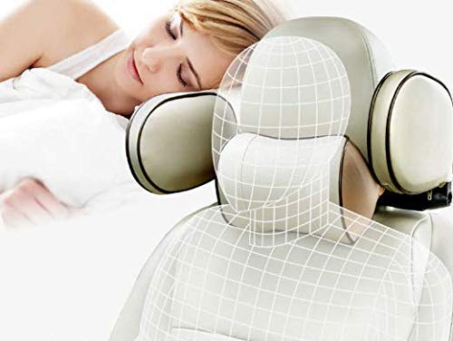 Car Seat Headrest Pillow, Support Neck Pillow Head Protection Cervical Spine Adjustable on Both Sides Telescopic Version PU Leather Universal for Kids Adults Travel(Beige)