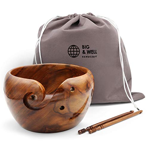 Yarn Bowls 6x3 inches for Crocheting. Wooden Yarn Bowl Holder for Knitting with Free Carry Pouch & 2 Crochet Hooks