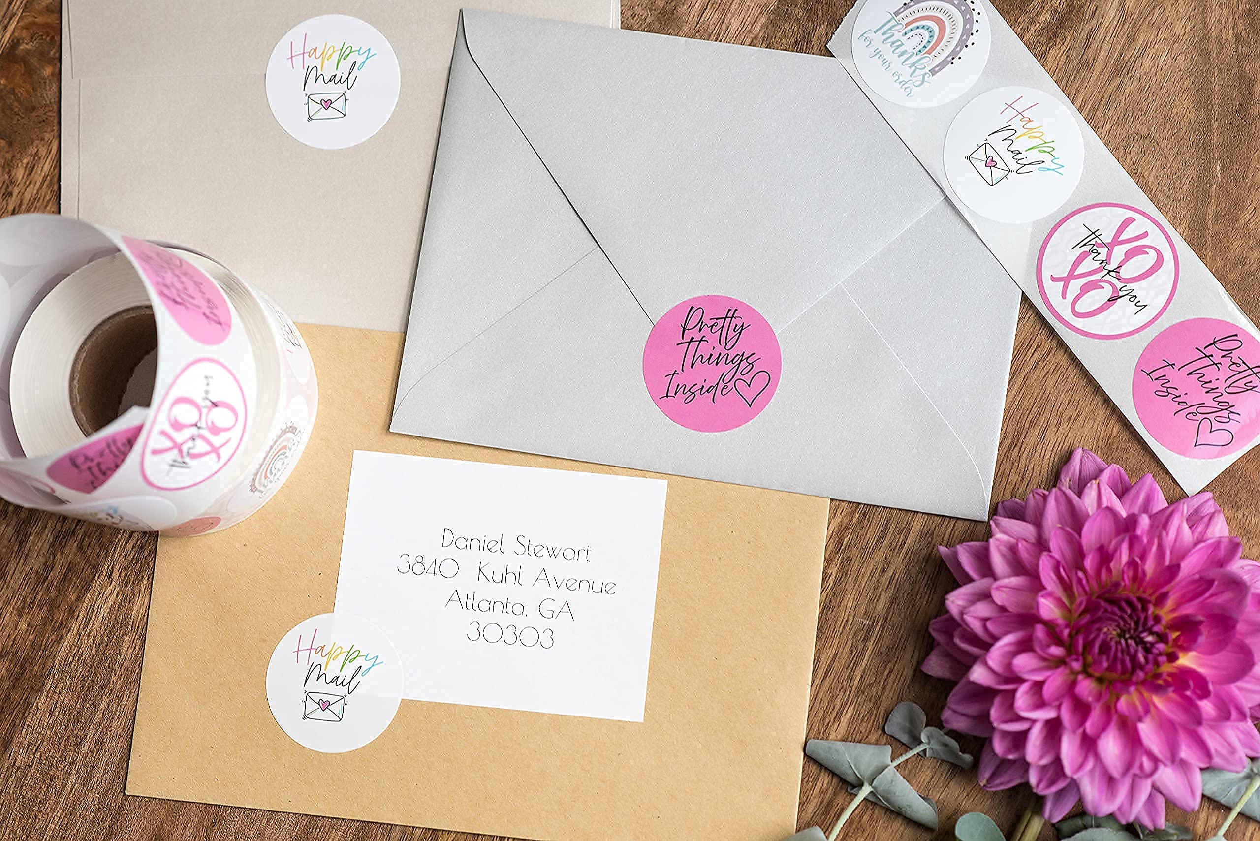 Assorted Cute Packaging Stickers - Roll of 500 - Four Fun Designs - 1.5" Round Glossy Sealers for Small Business - Happy Mail - Thank You for Your Business/Pretty Things Inside