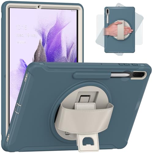Junfire Galaxy Tab S8 Plus Protective Cover Case, Samsung Galaxy Tab S7 FE/S7 Plus 12.4" Shockproof Rugged Case with Hand Strap/Pencil Holder/Kickstand 2022/2020-Cronflower Blue