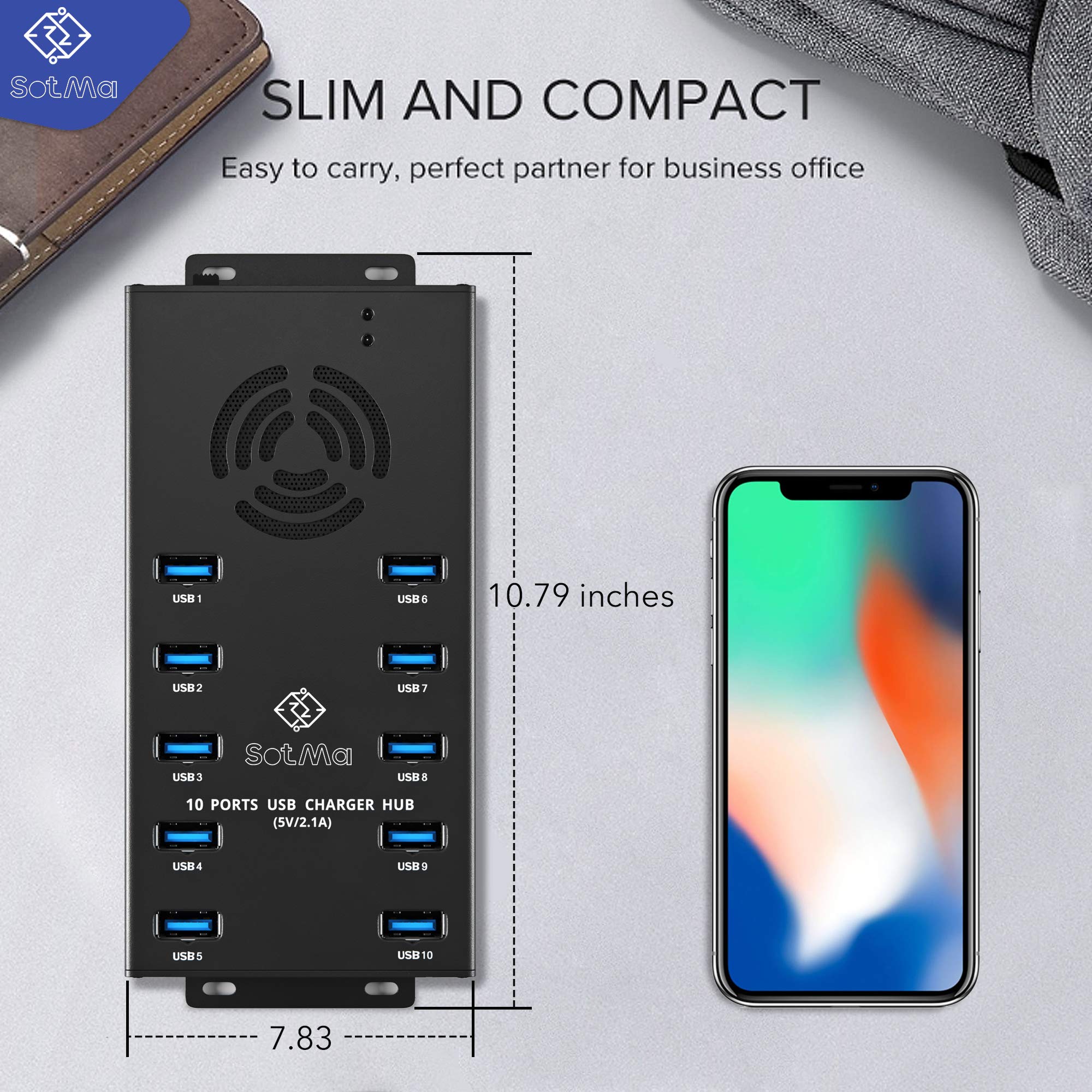 Premium Design USB 3.0 Hub - Multi-Safety Protection 10-Port Powered USB Hub 3.0 with AC Adapter - USB Splitter with Cooling Fan and Mounting Brackets - Aluminum - Hub for Multiple Devices