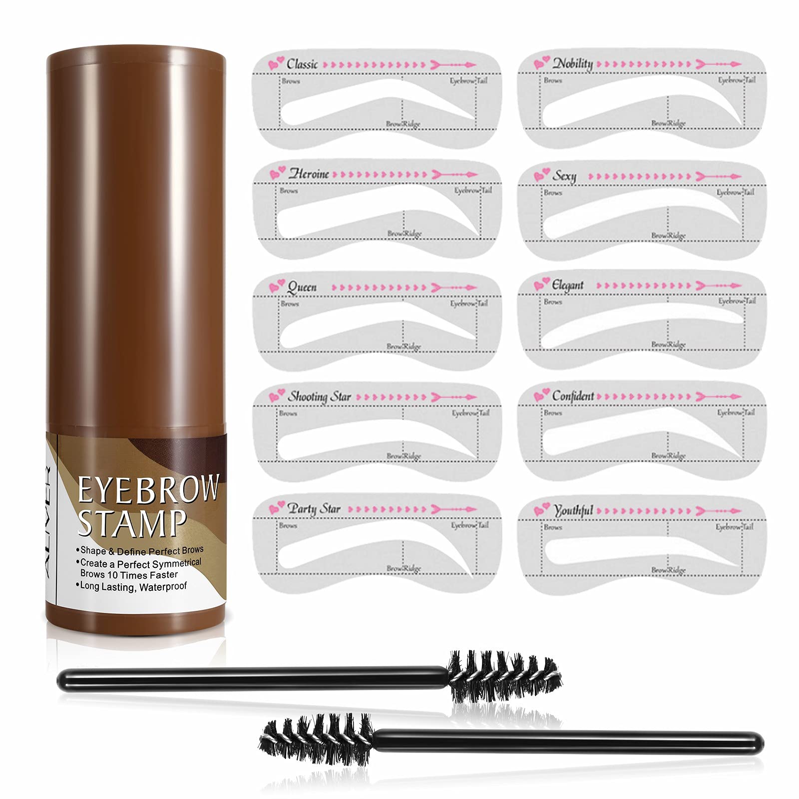 Eyebrow Stamp Stencil Kit, contains 10 reusable molds, and 2 small pencil brushes, Waterproof Brow Stamp and Shaping Kit, professional eyebrow styling tools (dark brown)