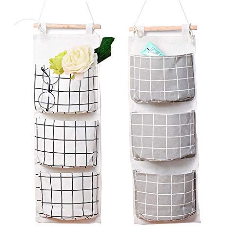 2 Packs Linen Cotton Fabric Wall Door Closet Hanging Storage Bag 3 Pockets Over The Door Organizer for Room Bathroom