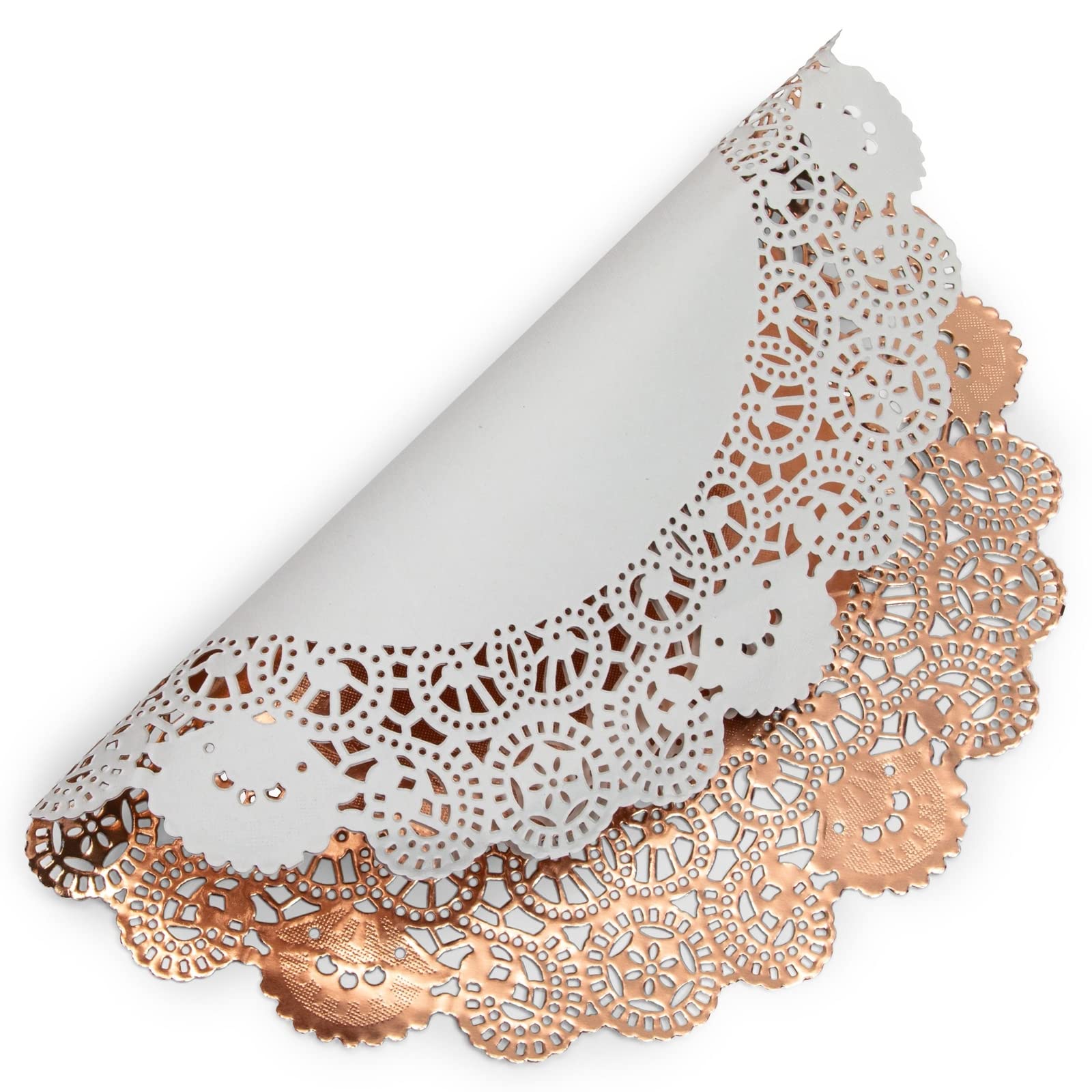 100 Pack Round Lace Paper Doilies, 12 Inch Rose Gold Placemats for Desserts, Cakes, Pastries, Table Decorations