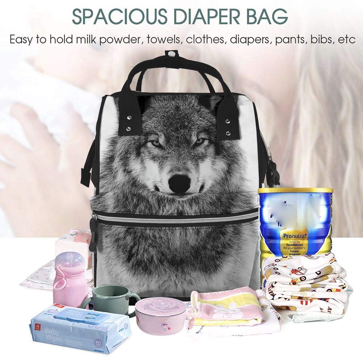 Monotone Timber Wolf Face Diaper Bag Backpack Multi Function Nappy Bag Large Capacity Mommy Backpack Organizer for Baby Care Baby Bag for Mom and Dad