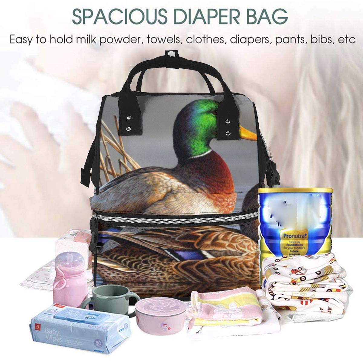 GREATN Mallard Duck Art Diaper Bag Backpack Multi Function Nappy Bag Large Capacity Mommy Backpack Organizer for Baby Care Baby Bag for Mom and Dad, multi-, OneSize