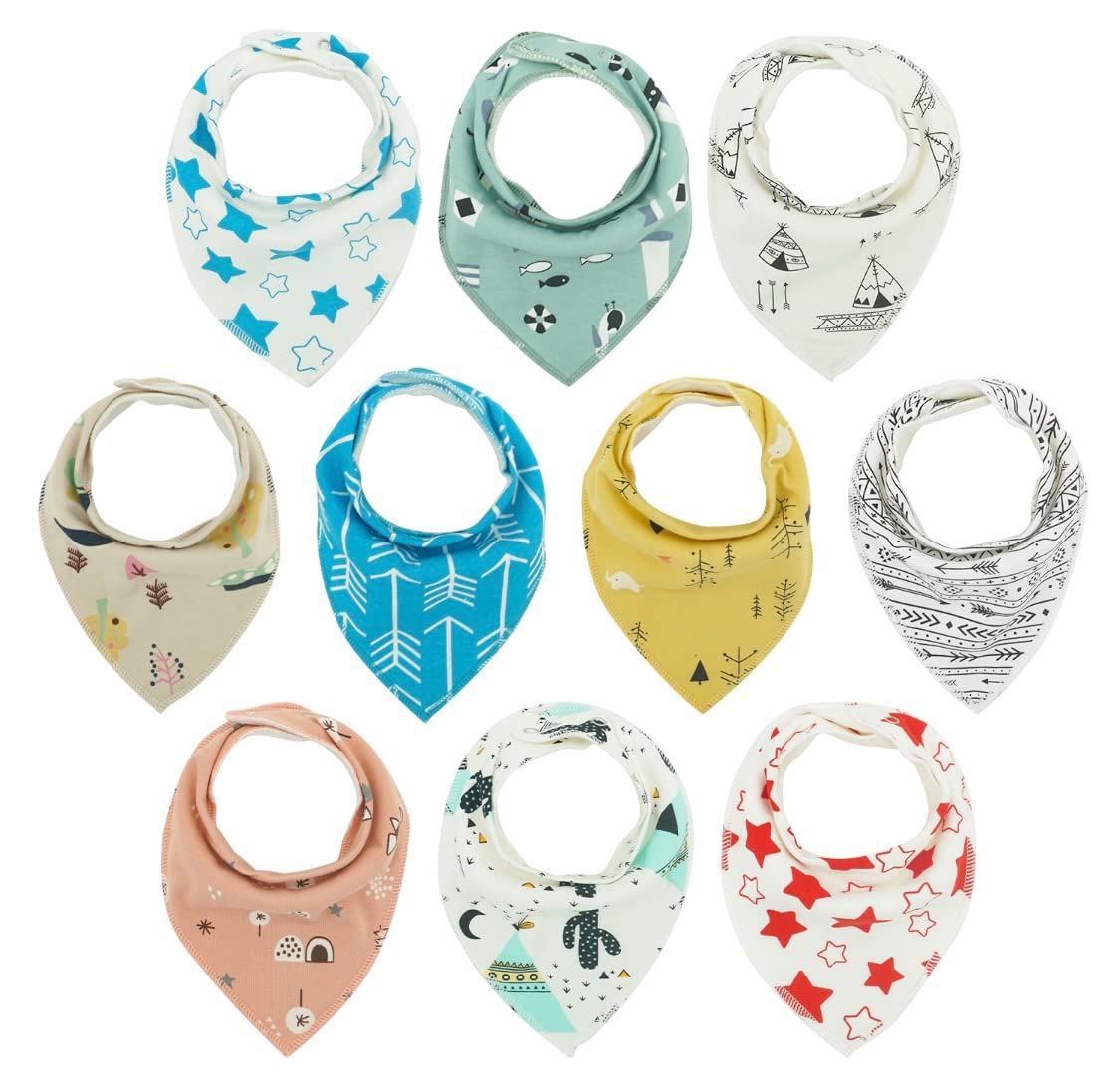 Sarvoza Baby Bandana Drool Bibs 10pcs - Absorbent Organic Cotton Baby Bandana Bibs with Safe Nickel Free Snaps - Drooling Baby Bibs for Boy and Girl