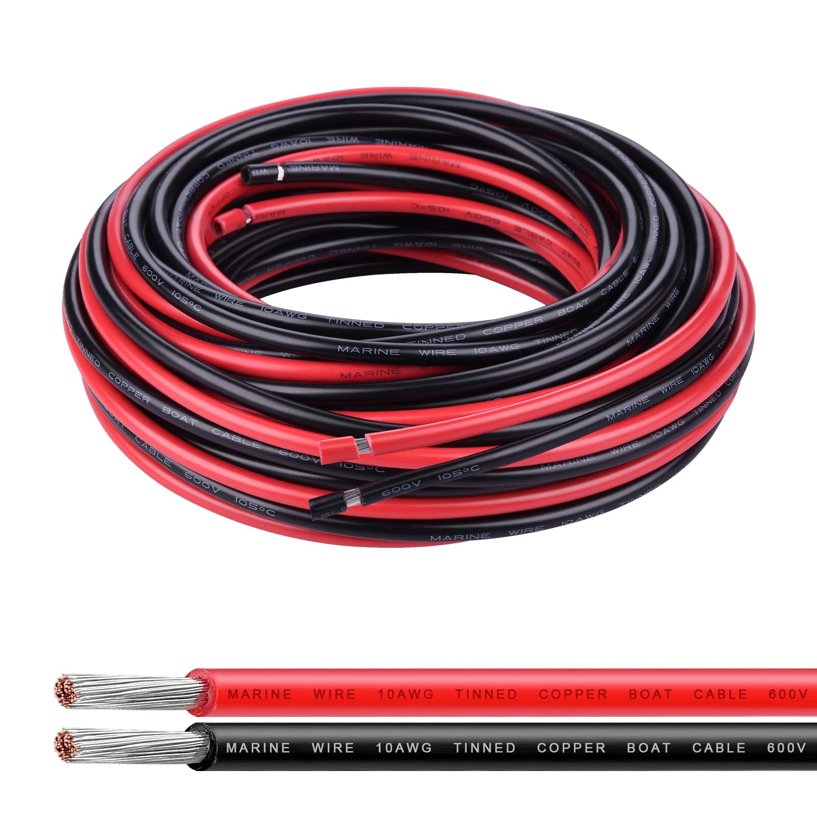 10 Gauge Wire,iGreely 10 AWG Tinned Copper Electrical Wire Cable, 2 Conductor Insulated Wire for Solar Panel Car Audio Automotive Marine Speaker Led Lighting-30Ft Black&30Ft Red