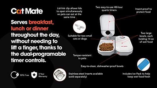 Cat Mate C200 2 Meal Automatic Pet Feeder for Cats and Small Dogs with Ice Pack