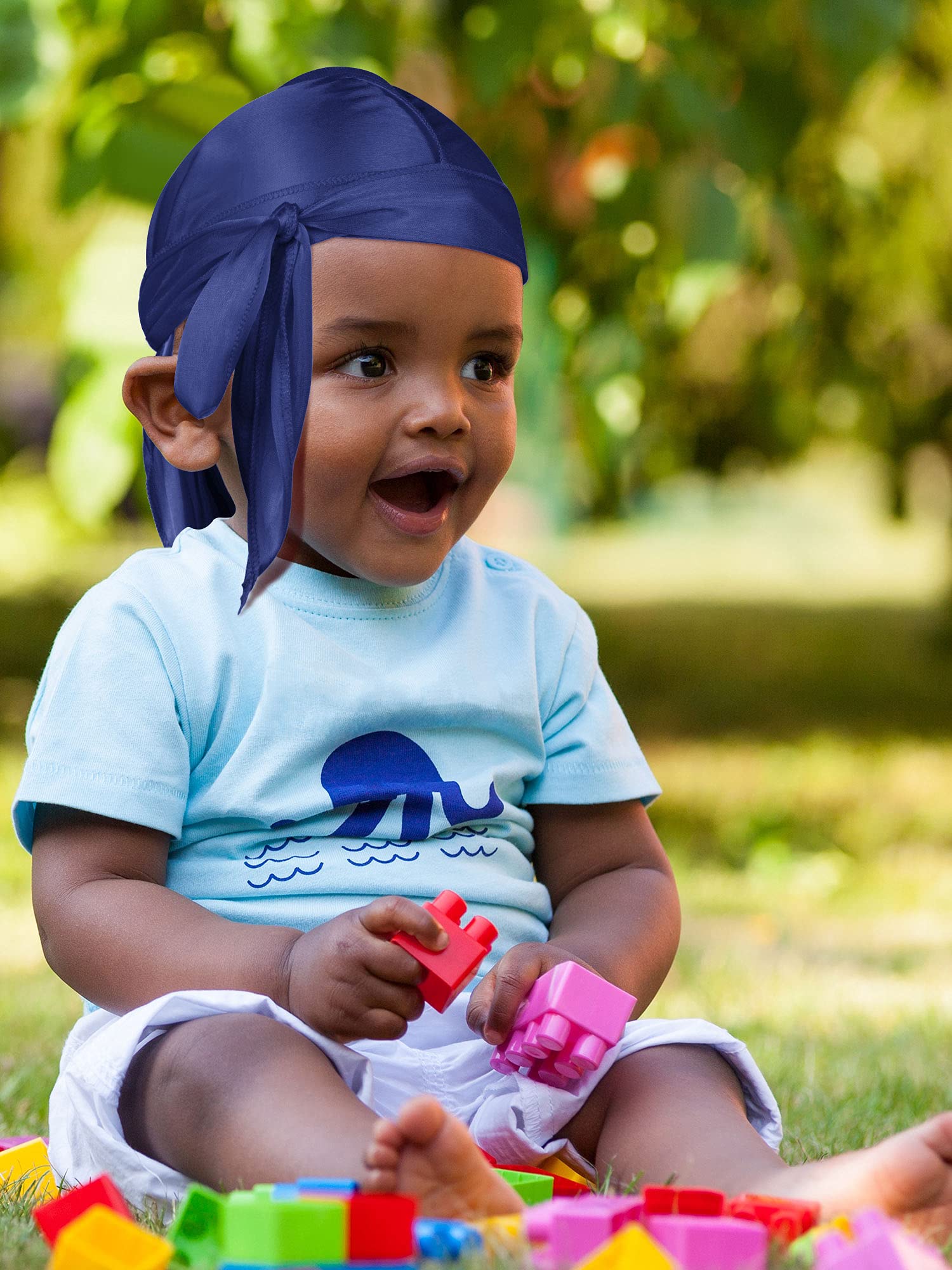 4 Pieces Kids Silky Durag with Wave Caps Set Unisex Baby Durags Long Tail and Wide Strap Headwraps Turban Beanies (Black, Navy Blue)