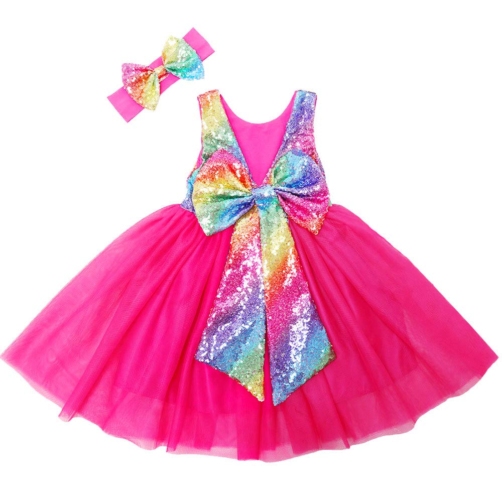 Cilucu Flower Girl Dress Baby Toddlers Sequin Dress Tutu Kids Party Dress Bridesmaid Wedding Gown Birthday Dress Rainbow Hot Pink 4T-5T