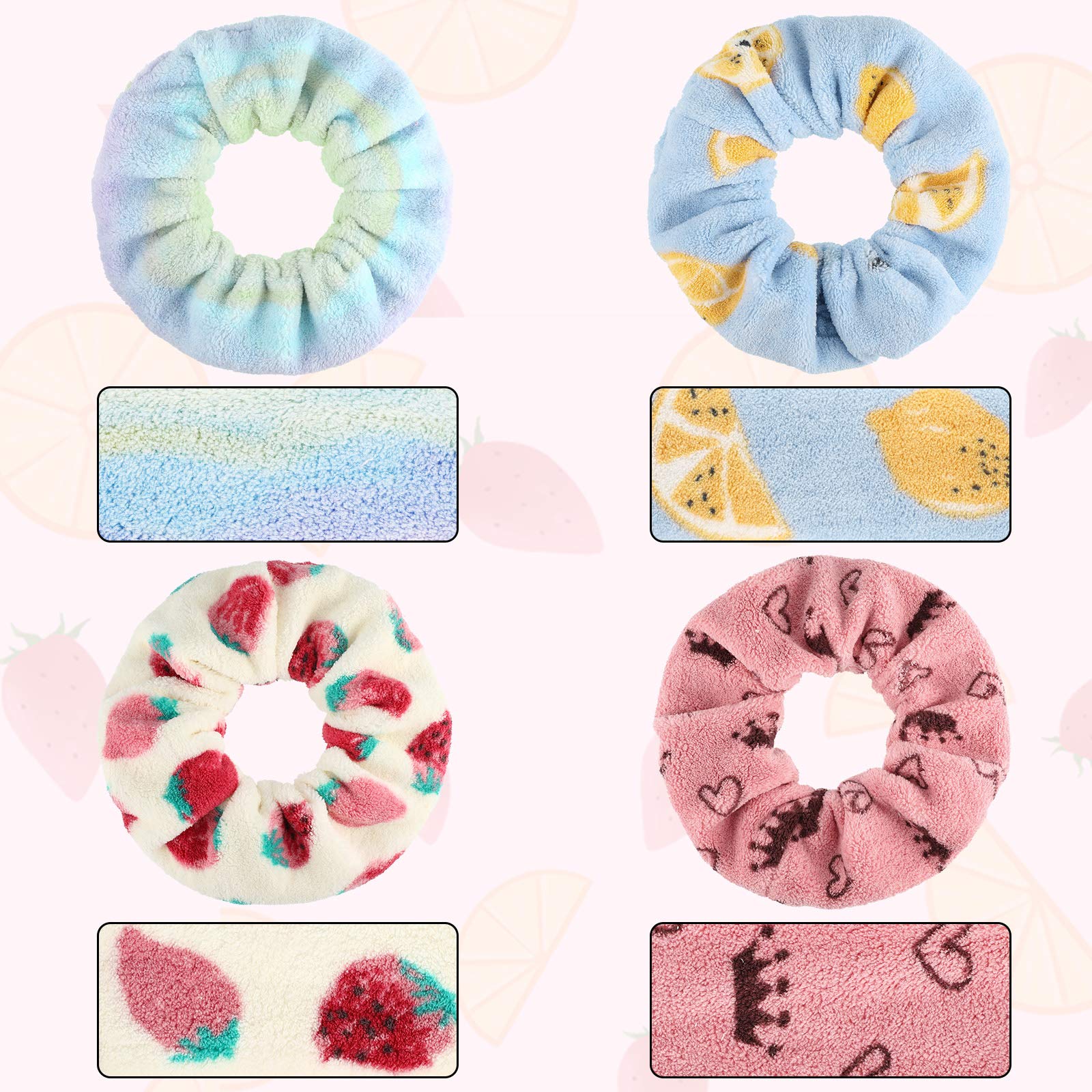 4 Pieces Large Soft Microfiber Hair Towel Scrunchies with Fuzzy Fruit-Shaped Pom Poms - Ponytail Holders for Wet and Dry Hair Styling Accessories for Women