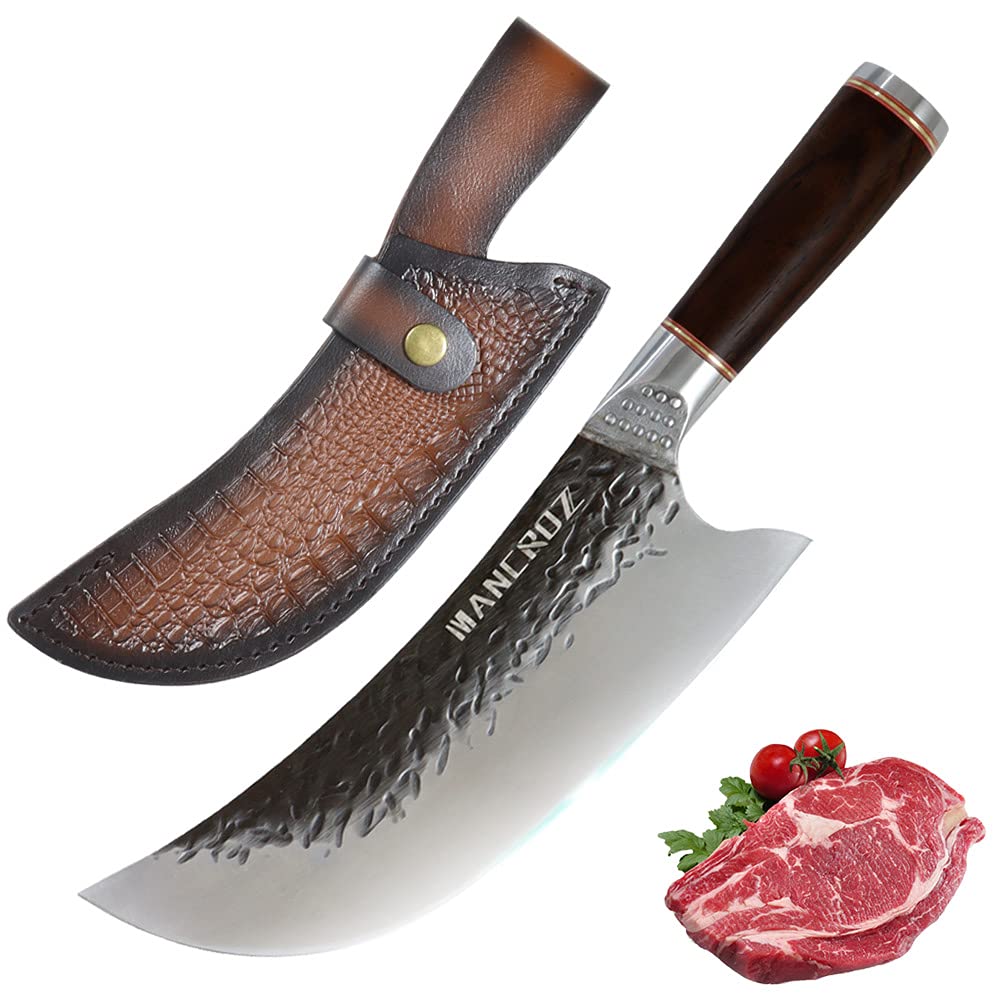 MANCROZ 8 Inch Butcher Boning Knife With Leather Sheath Stainless Steel Meat Cleaver Knife Hand Forged Chef Knives For Kitchen Outdoor BBQ Camping…