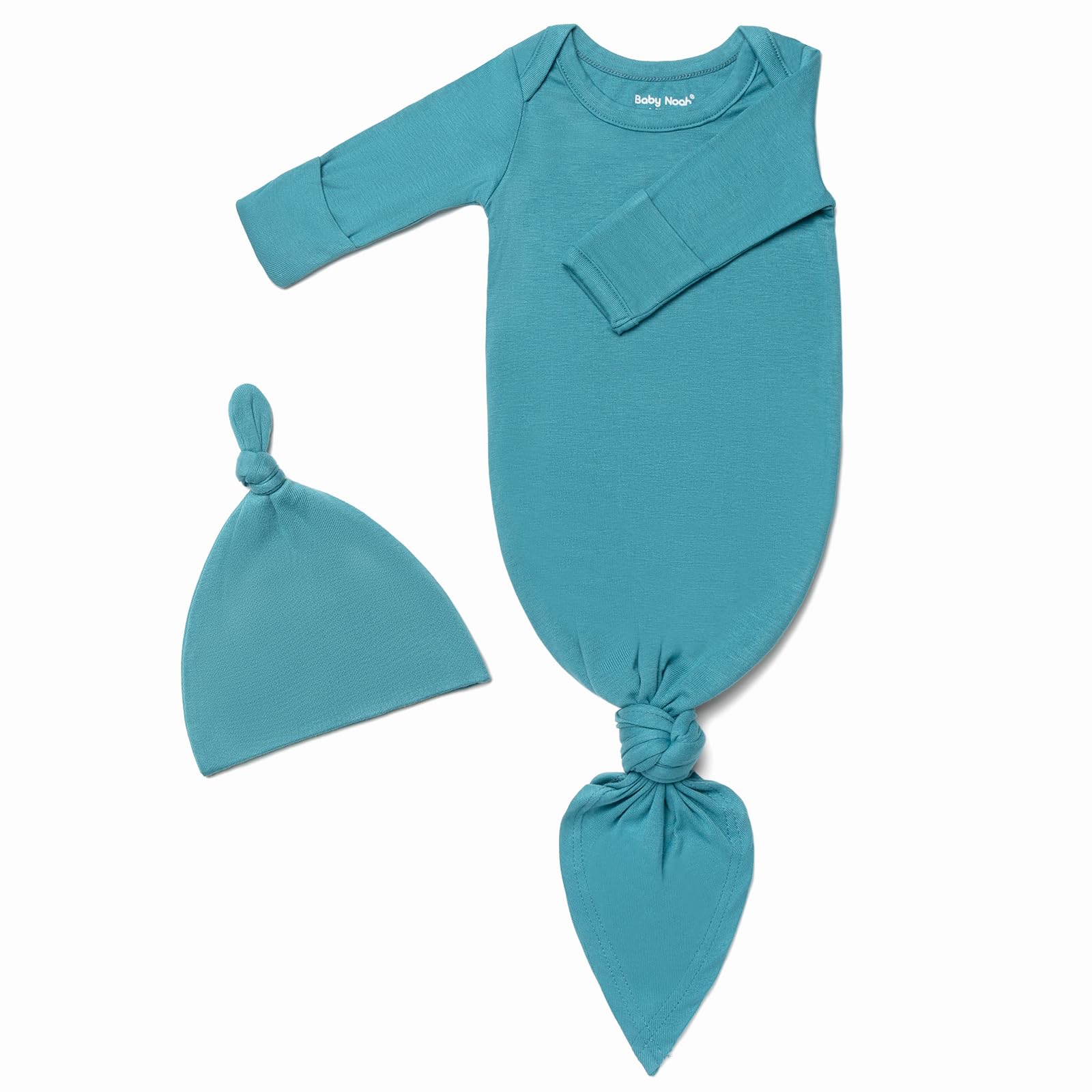 Baby Knotted Gown, Super Soft Newborn Infant Long Sleeve Sleeper for Baby Girl and Boy Sleepwear with Hat Set (Blue Green, 0-3 Months)