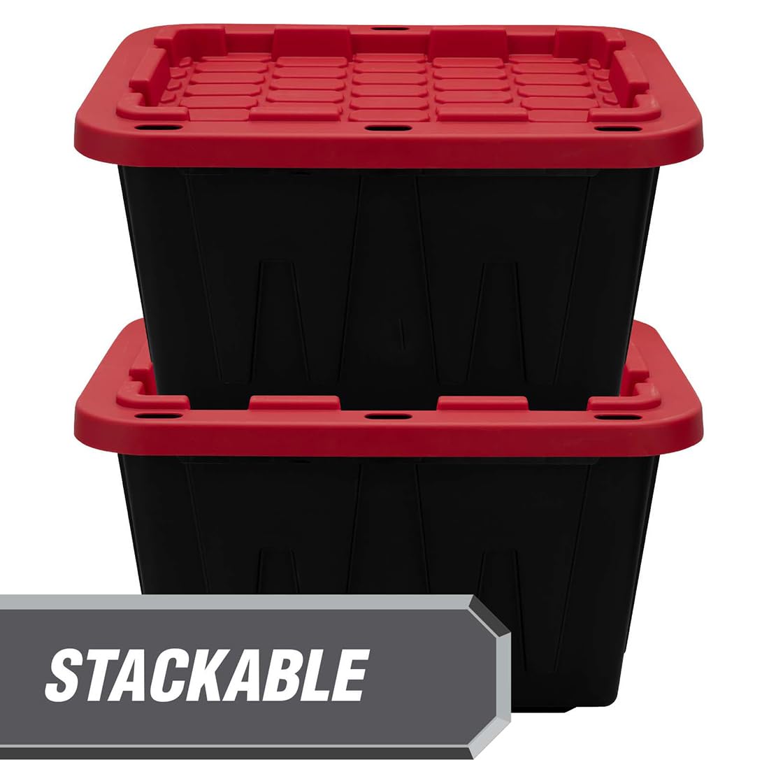 12 Gallon Snap Lid Plastic Storage Bin Container, Multipurpose Stackable Plastic Lockable Storage Tote Tub Box, Racer Red Lid w/Black Base Home Storage Bins for Basements, Garage, Closets, Set of 4