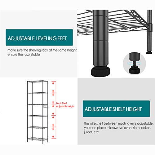 Anfan 6 Tier Wire Shelving Unit Heavy Duty Metal Wire Storage Shelves with Adjustable Leveling Feet & Side Hooks for Kitchen, Garage and Office (Black)