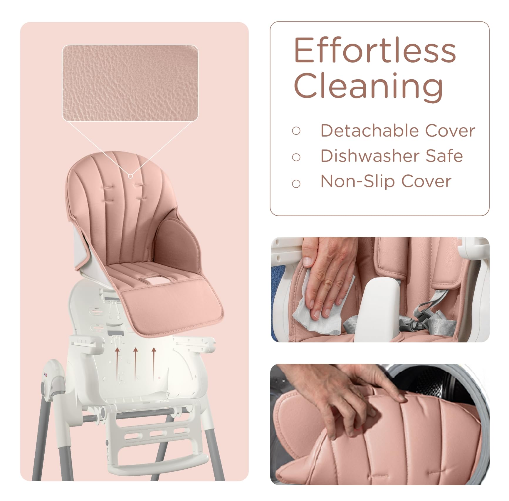 KÜB 3-in-1 Foldable Baby High Chair | 7 Height & 4 Recline Adjustable | Removable Seat & Tray for Easy Clean | 2 Locking Wheels | Multifunctional Infant Highchair for Babies Toddlers Girl (Pink)