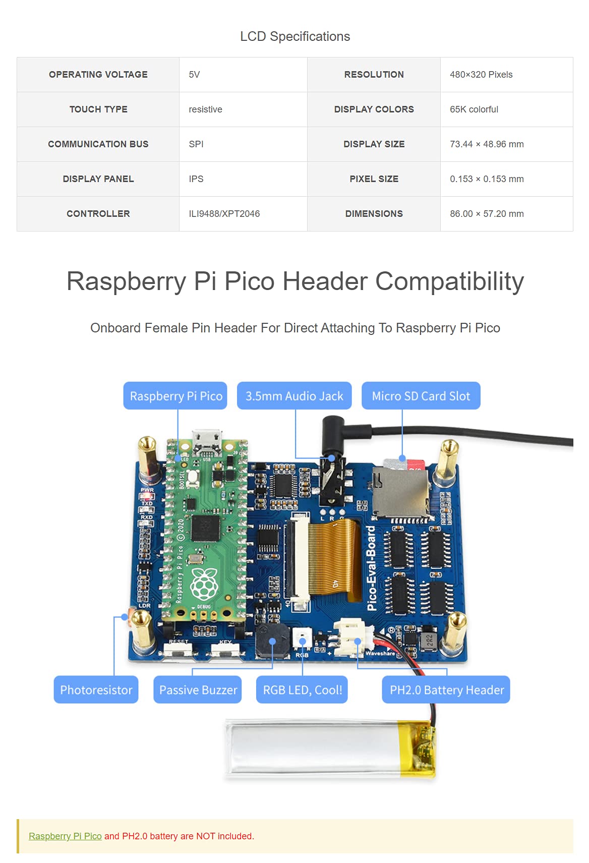 Overall Evaluation Board Designed for Raspberry Pi Pico,65K Colorful IPS Touch Screen, Misc Onboard Components for Easily Evaluating The RP2040