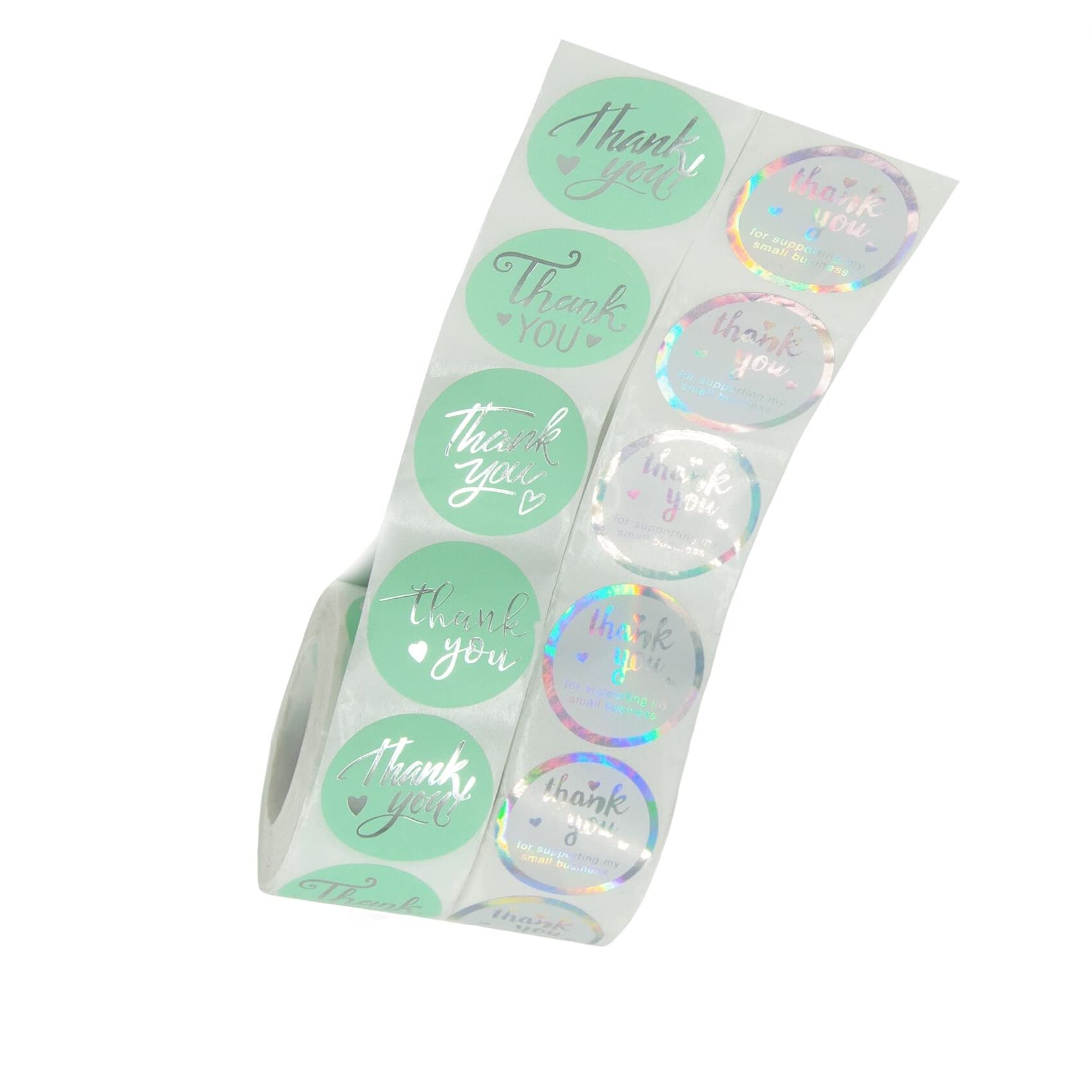 1000PCS Thank You Stickers 1.5in, Shiny Green and White 2 Rolls for Birthday, Weddings, Envelope Mailer Seal Sticker and Small Business