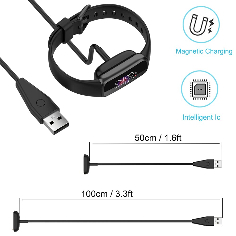 Threeeggs for Fitbit Charge 5 Charger with Reset Button, USB Charging Cable for Charge 5, Charge 6 & Fitbit Luxe (2-Pack, 3.3ft & 1.6ft)