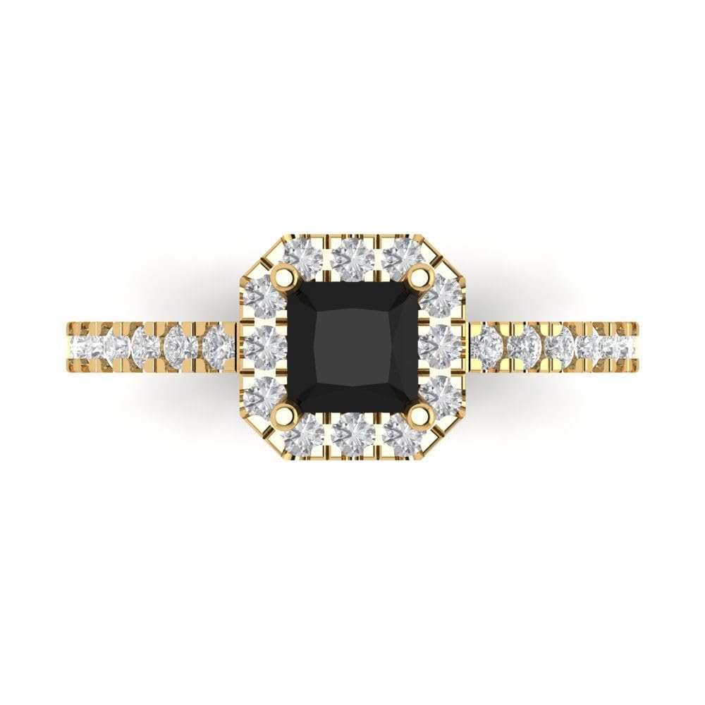 1.37ct Princess Cut Solitaire with accent Natural Black Onyx designer Modern Statement Ring Solid 14k Yellow Gold Size 9
