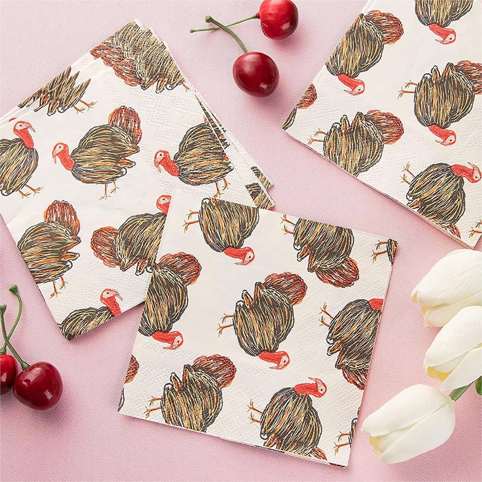 100 Pack Turkey Thanksgiving Cocktail Napkins for Party Supplies (5 x 5 In)