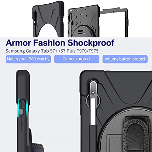 Gerutek Galaxy S7FE/S8 Plus/S7 Plus 12.4" Case 2022/2020, 3-Layer Shockproof Structure Samsung Galaxy S8+ /S7+ Tablet Case with Pen Holder, Rotatable Kickstand, Shoulder/Hand Strap, Black