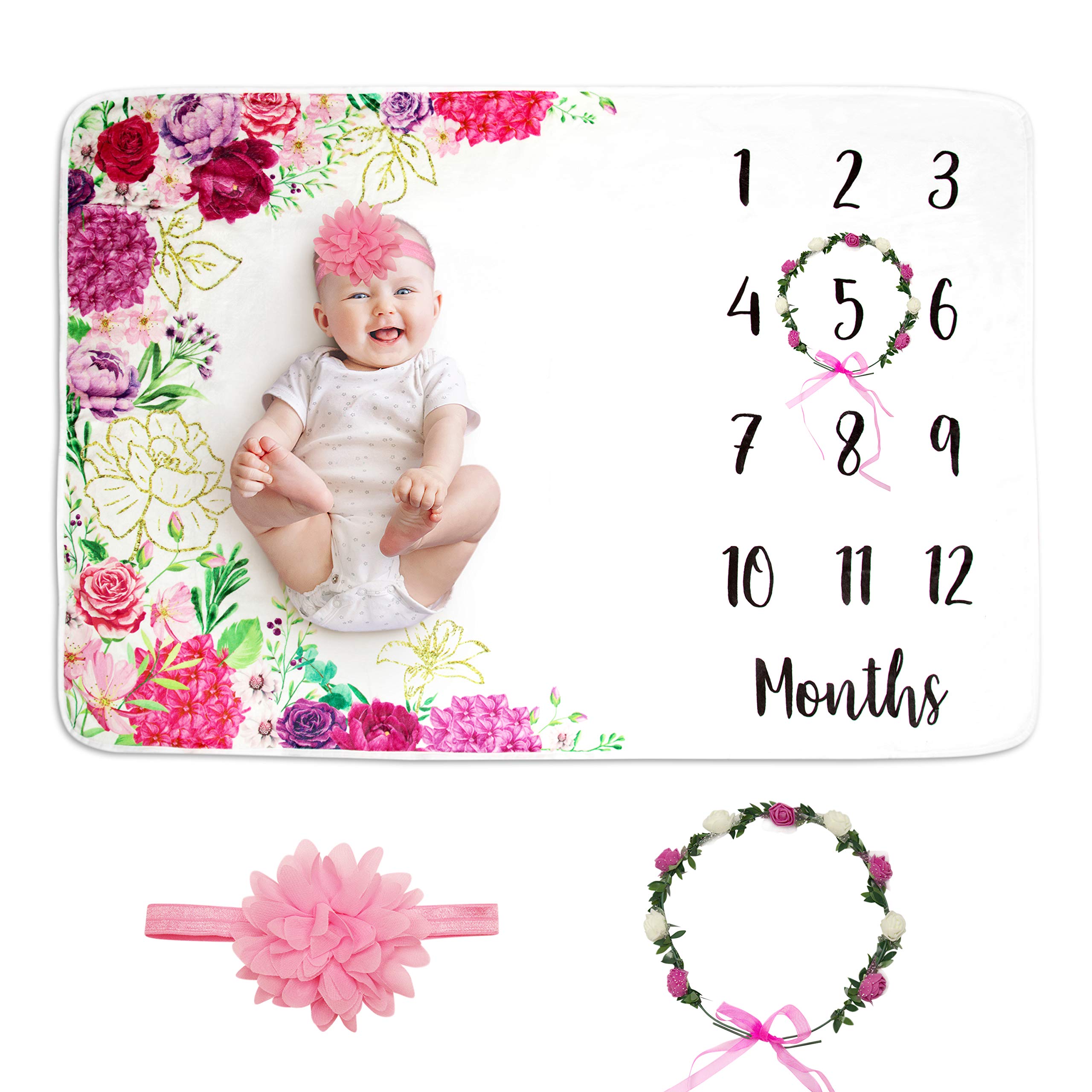 Baby Monthly Milestone Blanket Girl - Extra Soft, Large (60"X40") Thick Fleece - Baby Growth Chart Blanket - Baby Age Blanket for Photos - Baby Month Blanket Girls -Includes Headband and Floral Wreath