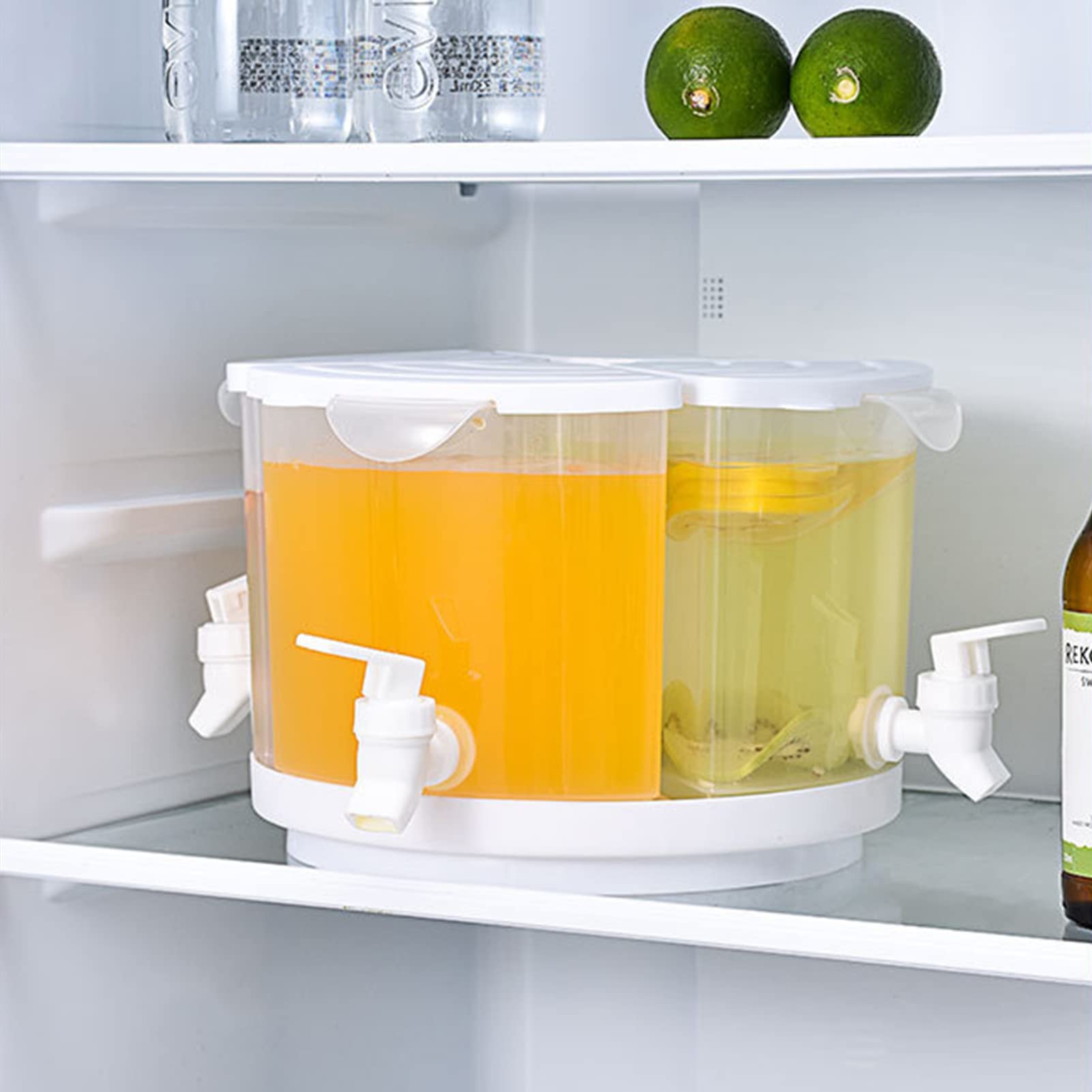 1.45 Gallon Beverage Dispenser for Fridge, Rotate 360° Removable 4-Grid Plastic Drink Dispenser, Clear Refrigerator Juice Dispenser with Lid and Spout for Lemonade, Tea, Cold Water
