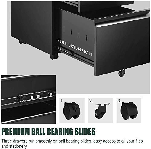 Black File Cabinet, 3 Drawer Mobile File Cabinet with Lock and Wheels, Under Desk Metal Filing Cabinet for Office,Lockable Rolling Cabinet with 2 Keys for Legal/Letter/A4 Size, Fully Assembled (A)