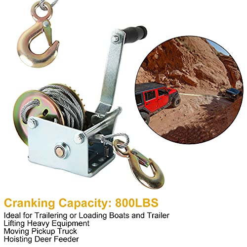 ASelected 800lbs Capacity Heavy Duty Hand Winch, Crank Strap Gear Boat Winch with 26FT Steel Cable and Hook, Manual Lifting Winches for Boat Trailer ATV or Shop Crane, Small Hoist for Deer Feeder