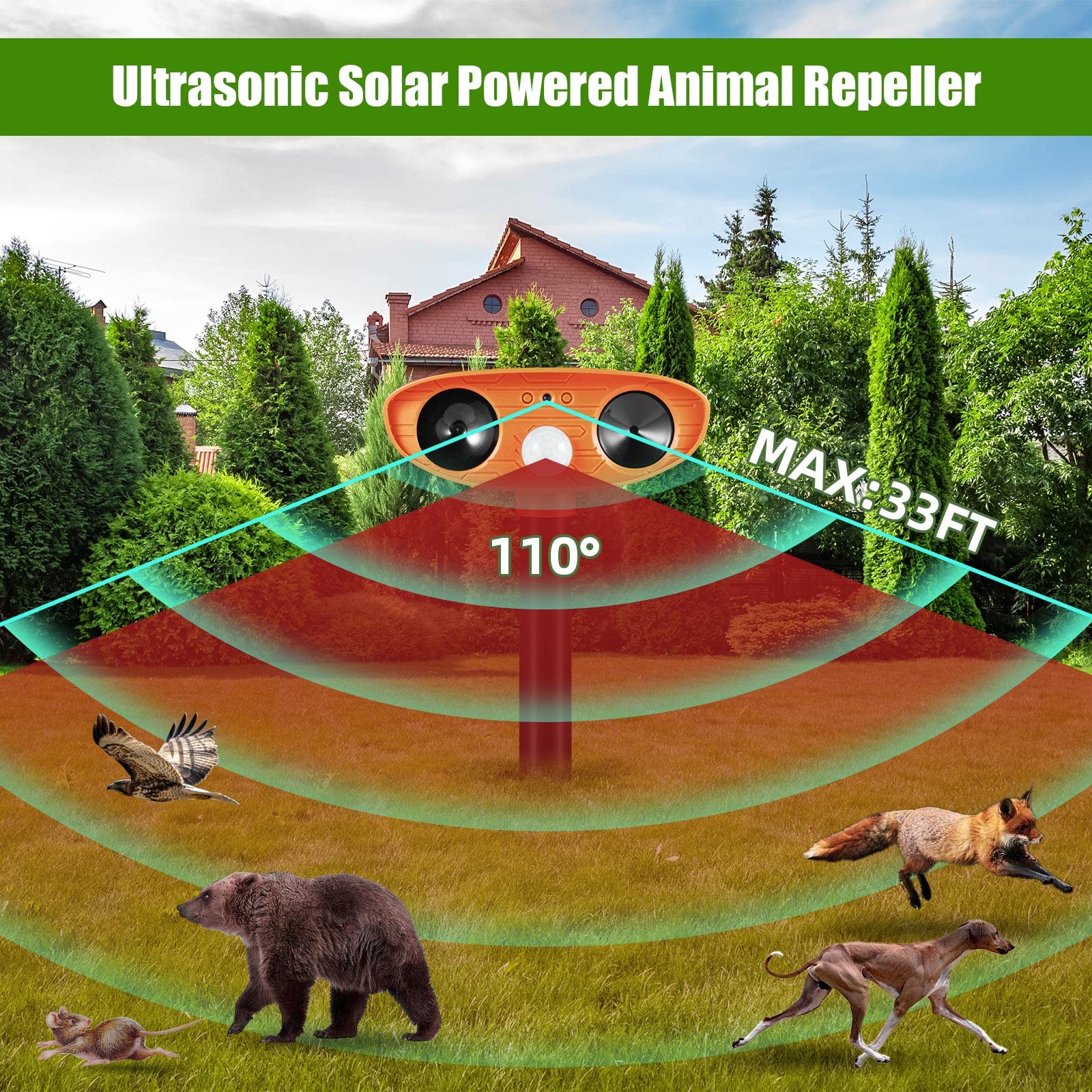 2024 Upgraded Solar Ultrasonic Animal Repellent Outdoor, 2 Pack Ultrasonic Cat Repellent with Motion Sensor Flashing Light Raccoon Repellent Deer Repellent Squirrel Repellent Coyote Deterrent and More