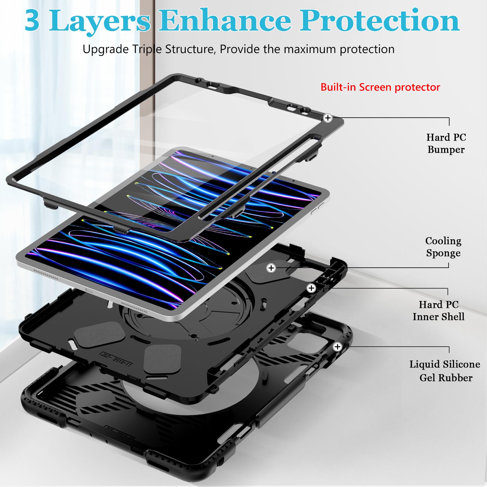 Case for iPad Pro 11 Inch (2022/2021/ 2020/2018): Silicone Cover for iPad 11 (4th/ 3rd/ 2nd/ 1st) Generation with Screen Protector- Stand- Handle- Shoulder Strap- Pencil Holder- Black
