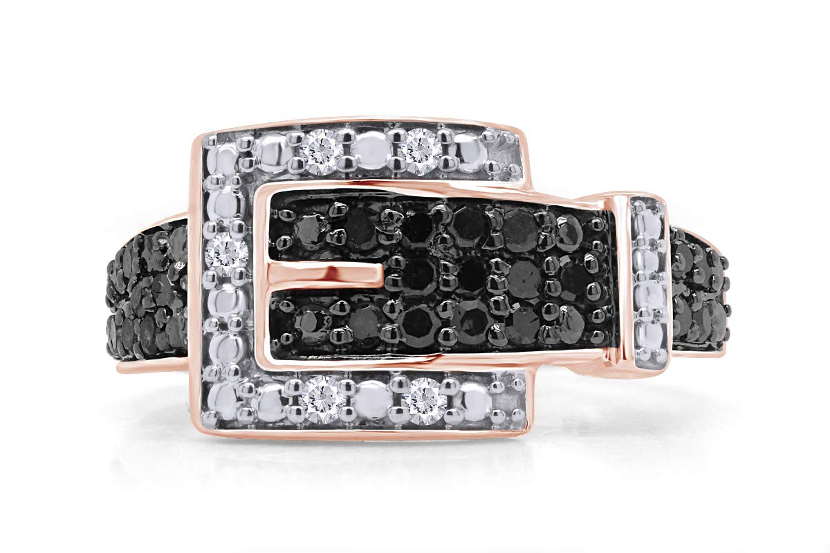 1/4 Carat Black & White Natural Diamond Anniversary Belt Buckle Ring In 14k Rose Gold Over Sterling Silver (0.25 Cttw) Ring Size-7.5
