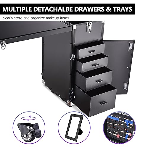 Bei Cheng Rolling Manicure Desk Makeup Train Case Travel Cosmetic Trolley Storage Organizer Nail Tables for Technician Workstation Makeup Salon with 4 Drawers Mirror & Speaker Black