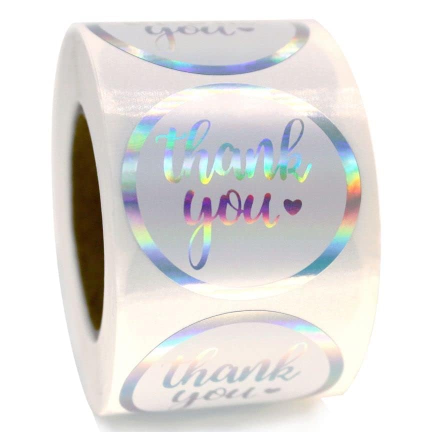 Bokinyoung Thank You Stickers Roll 500 PCS Round Rainbow Silver Foil Seal Stickers 1.5 Inch Thank You Labels for Business