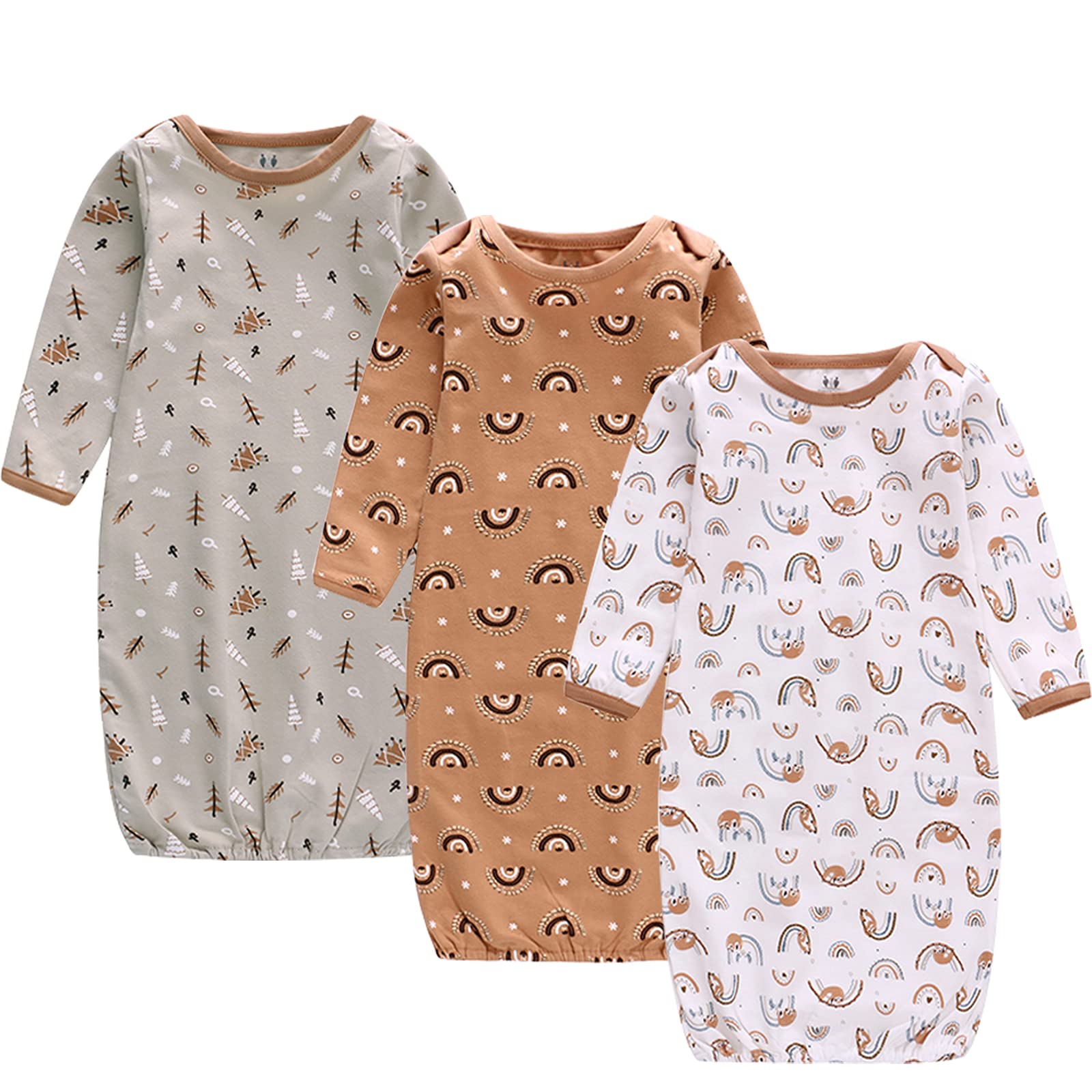 Baby Newborn Gown, 3 Packs Baby Sleeping Bag, Long Sleeve Sleep Sack, Cotton Cloths for Newborn Boys Girls 0-6 Months Pine Tree+wave+sloth