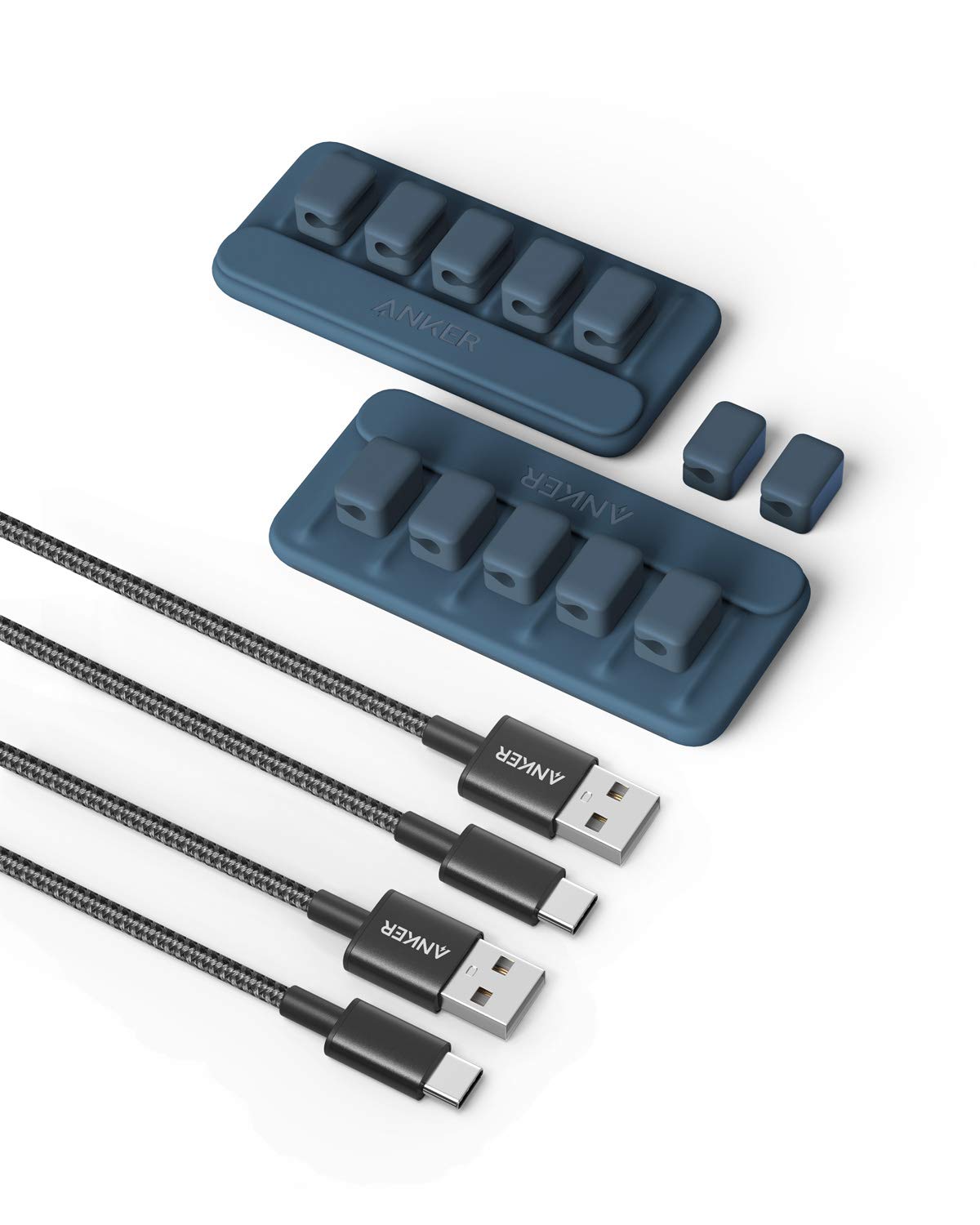Anker Premium Nylon-Braided USB-A to USB-C Charger Cable (2 Pack, 6 ft) & Cable Management, Magnetic Cable Holder (2 Pack, Blue)