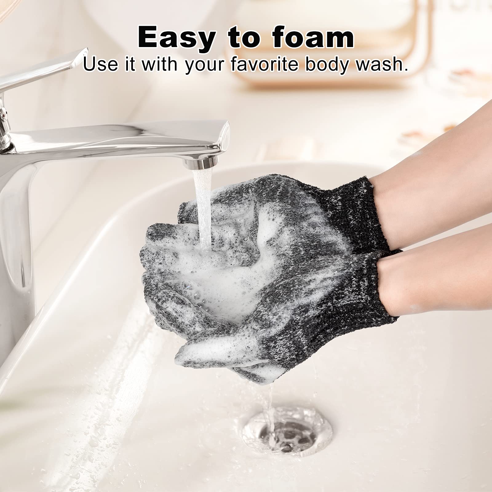 Bathing Scrub Gloves, Bamboo charcoalized exfoliating Gloves ,Exfoliating Gloves for Men and Woman, Exfoliating Gloves with Hanging Loops (4 pcs)